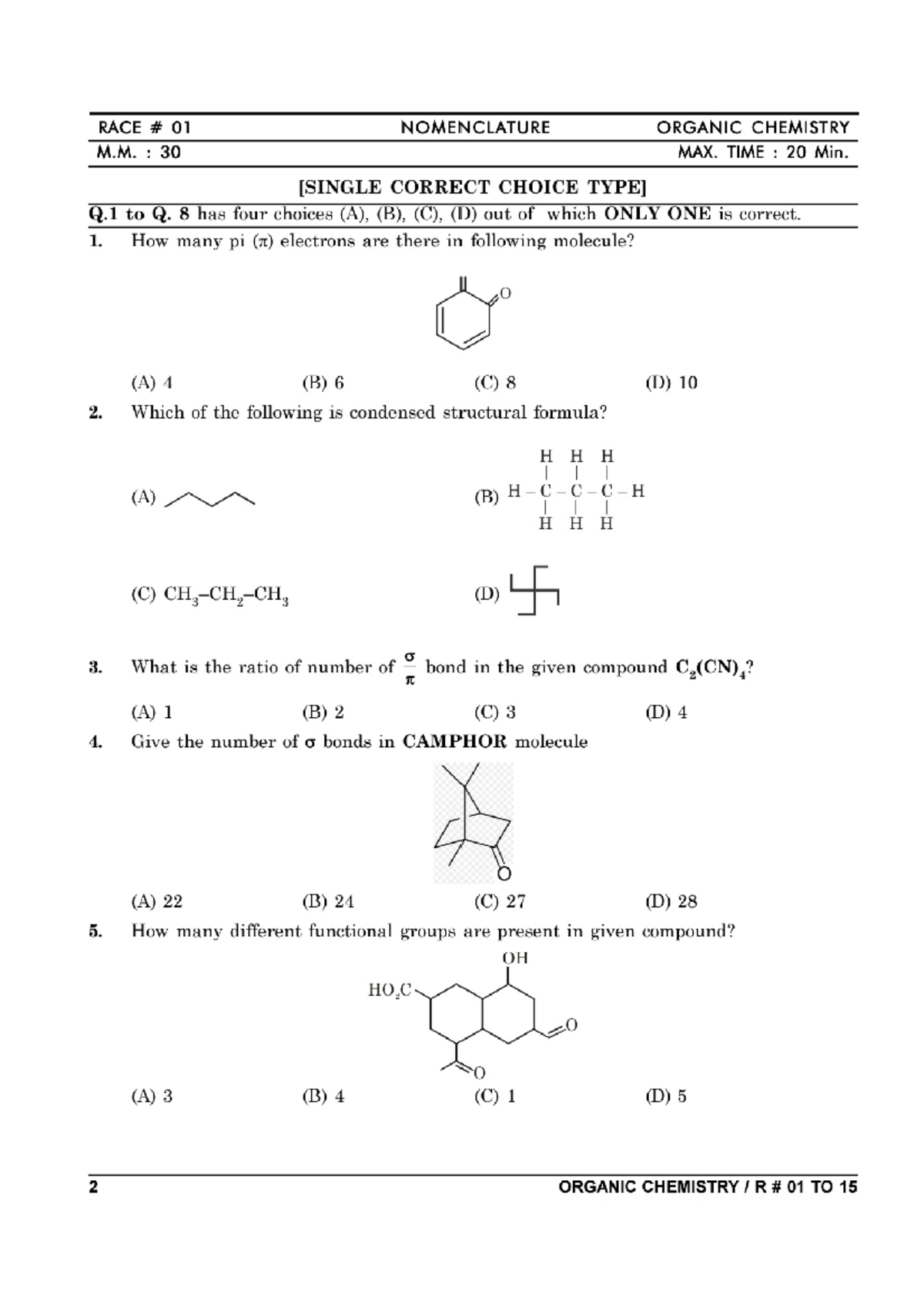 RACE 01: Organic Chemistry Nomenclature Quiz - M.M. 30, Time 20 Min ...