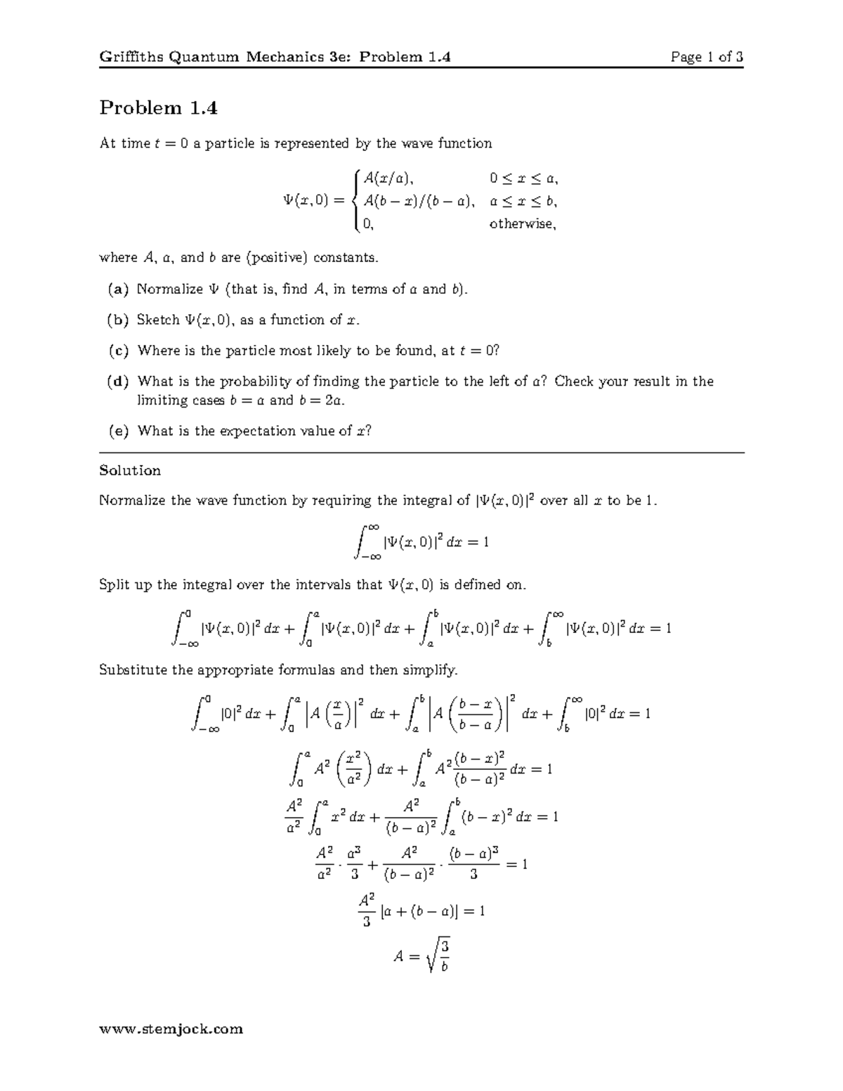 Griffiths QMCh 1.4: Solved Homework Problem on Wave Function - Studocu