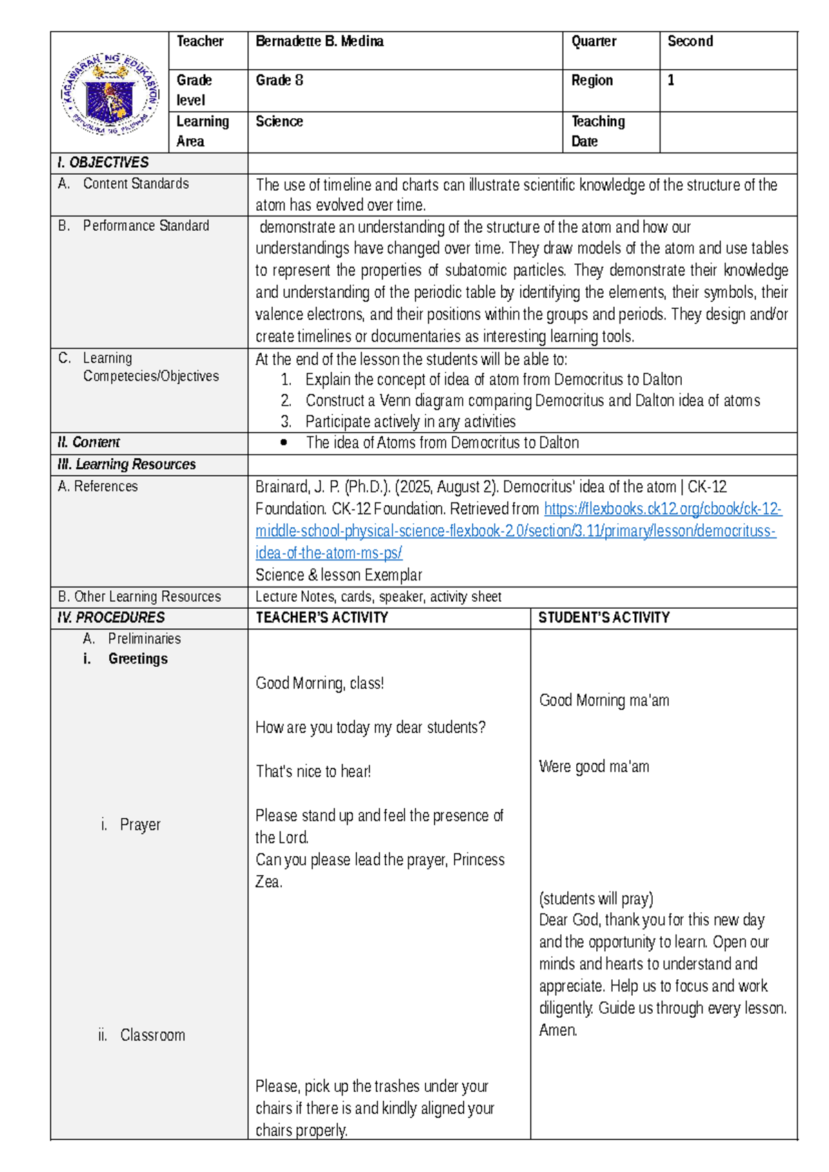 Grade 8 Science Lesson: Understanding Atoms from Democritus to Dalton ...