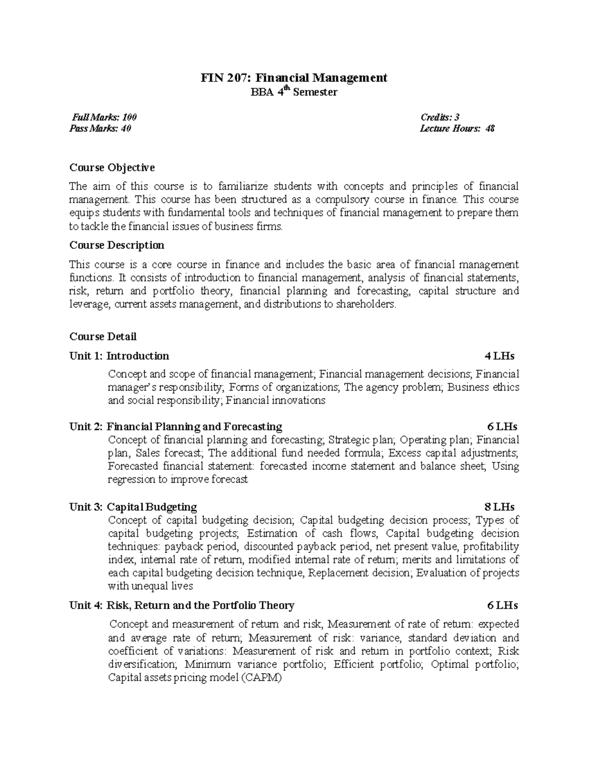 FIN 207: Financial Management Lecture Notes for BBA 4th Semester - Studocu