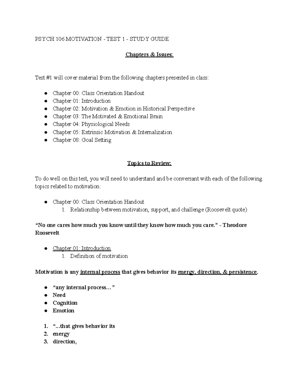 Psych 106 Motivation Test 1 Comprehensive Study Guide - Studocu