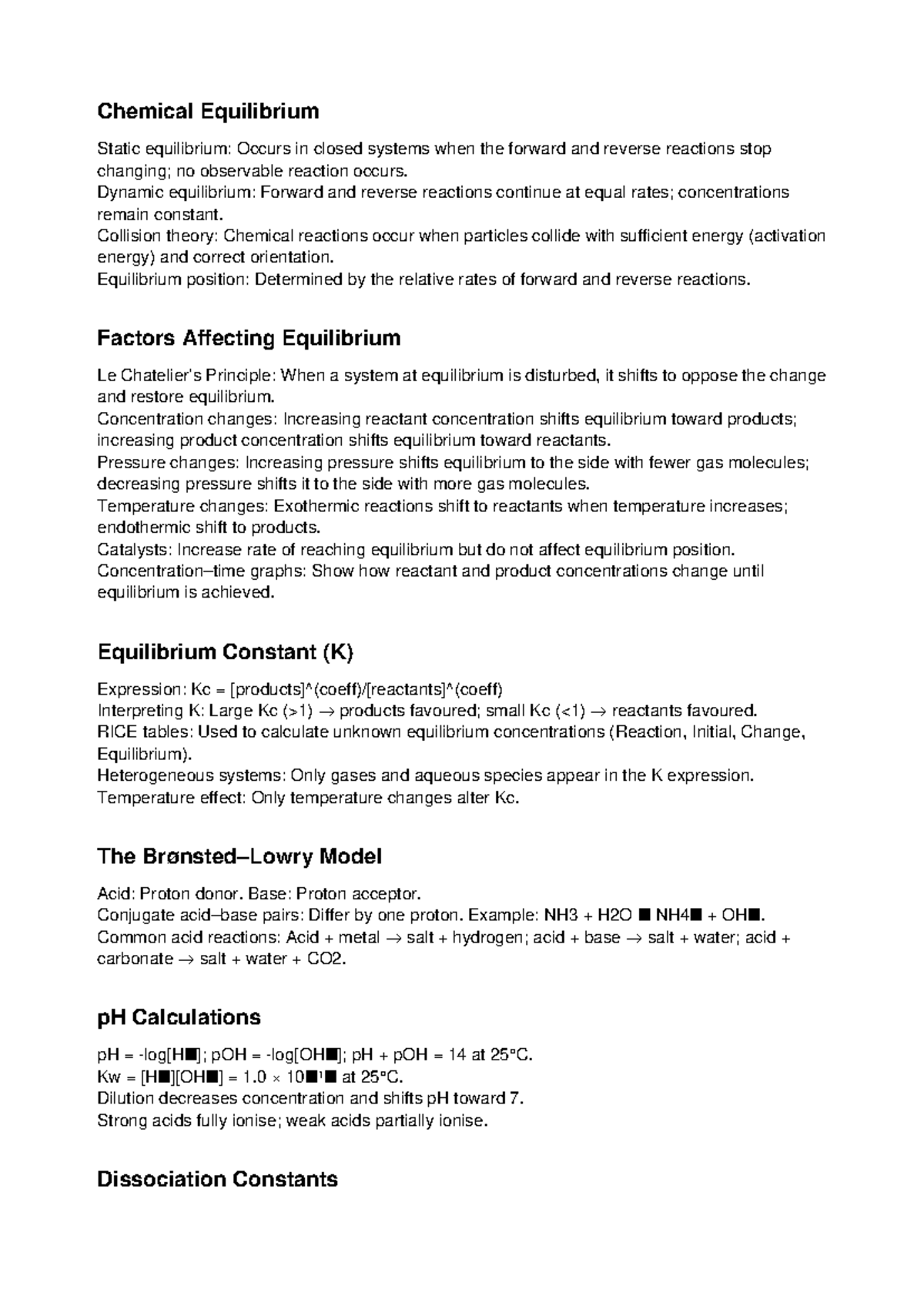 Year 12 Chemistry Revision Notes: Chemical Equilibrium Concepts - Studocu