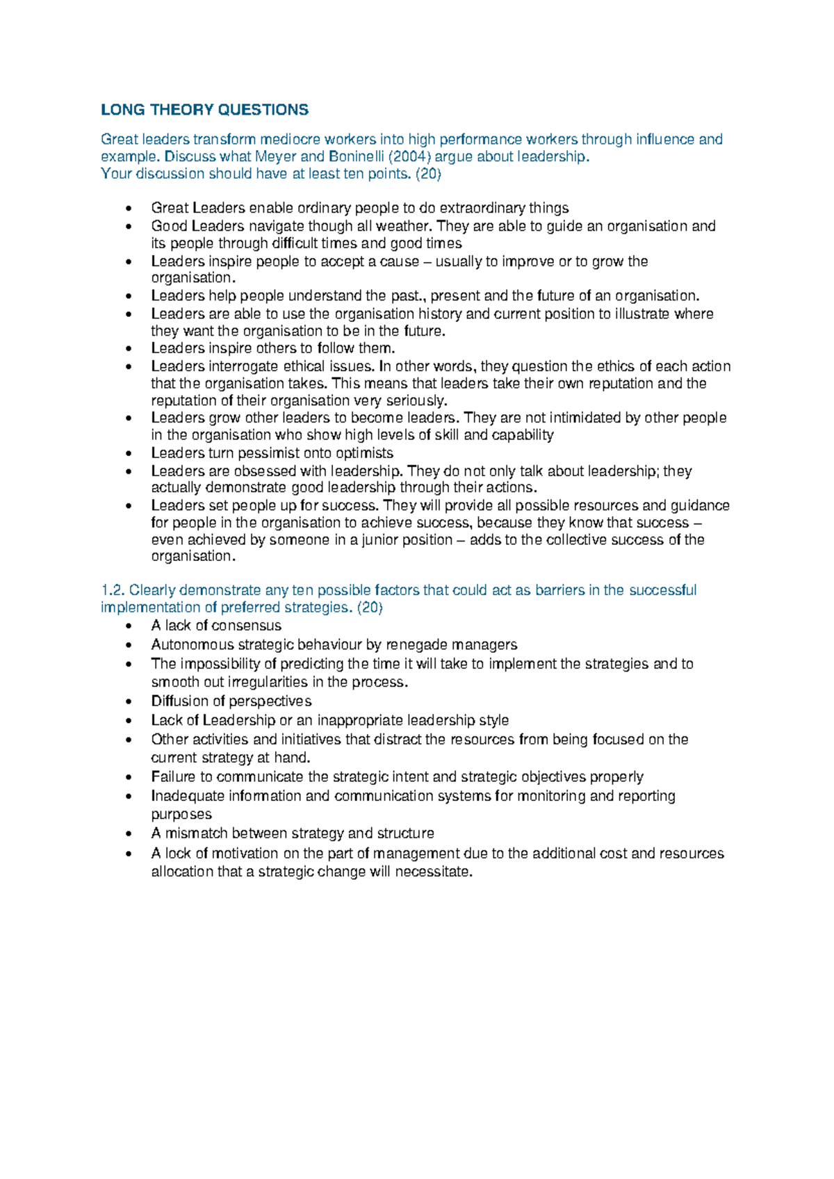 LONG Theory Questions - Leadership, Strategy Barriers & Competitor ...