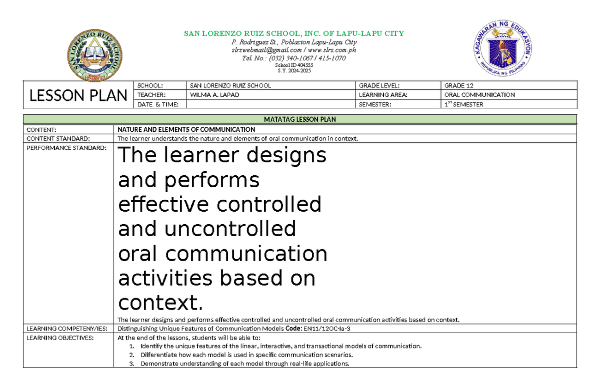 4. Distinguishing Unique Features - LESSON PLAN SCHOOL: SAN LORENZO ...