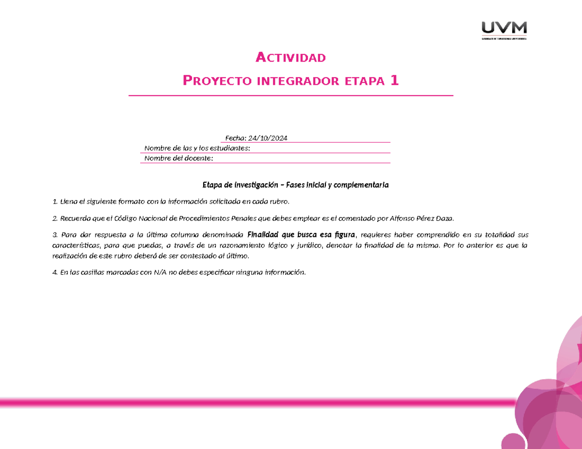 A5 proyecto integrador - ACTIVIDAD PROYECTO INTEGRADOR ETAPA 1 Fecha: 24/10/ Nombre de las y los ...