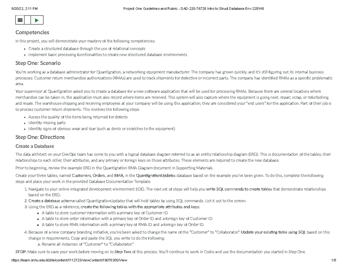 Project One Guidelines and Rubric - DAD-220-T6728 Intro to Struct ...