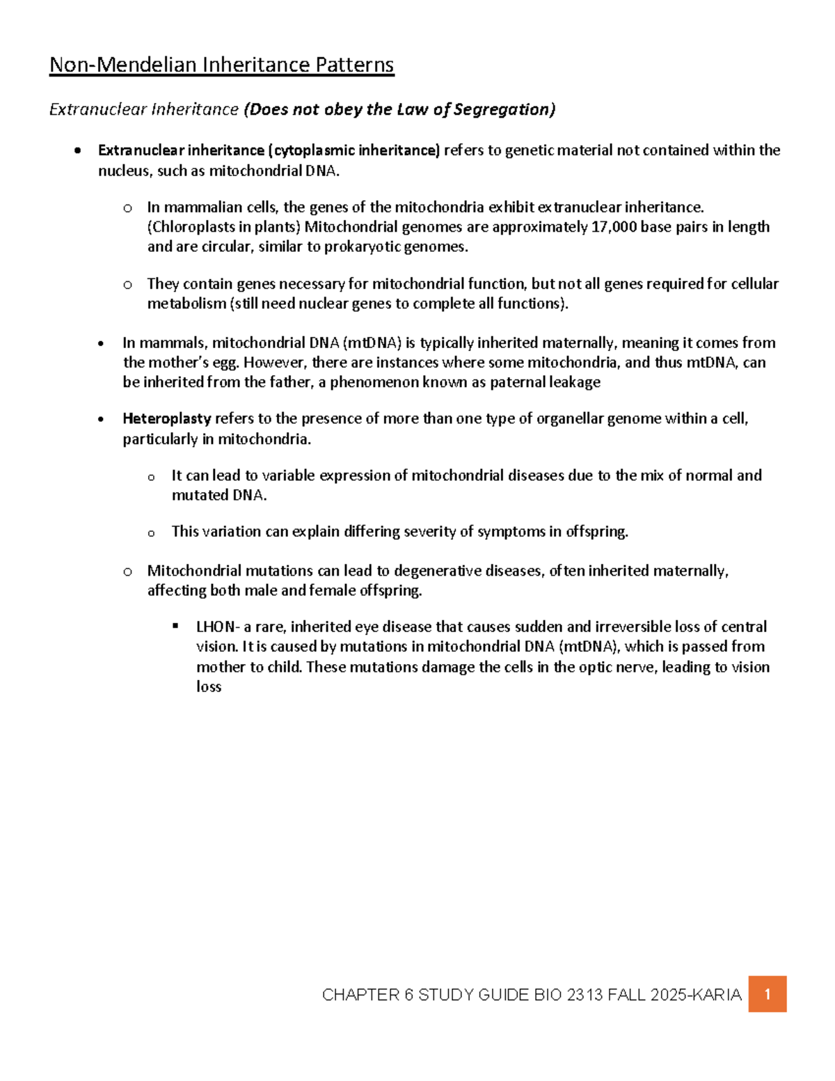Non-Mendelian Inheritance Patterns Study Guide BIO 2313 Fall 2025 - Studocu