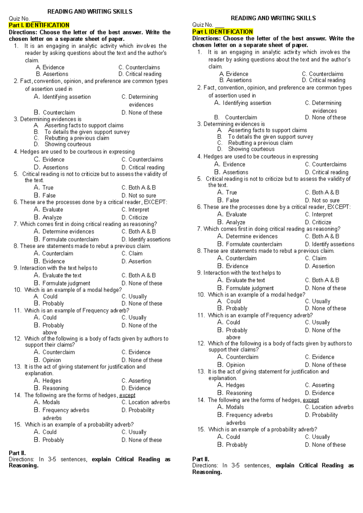 READING AND WRITING SKILLS Quiz No. 1: Critical Reading as Reasoning ...