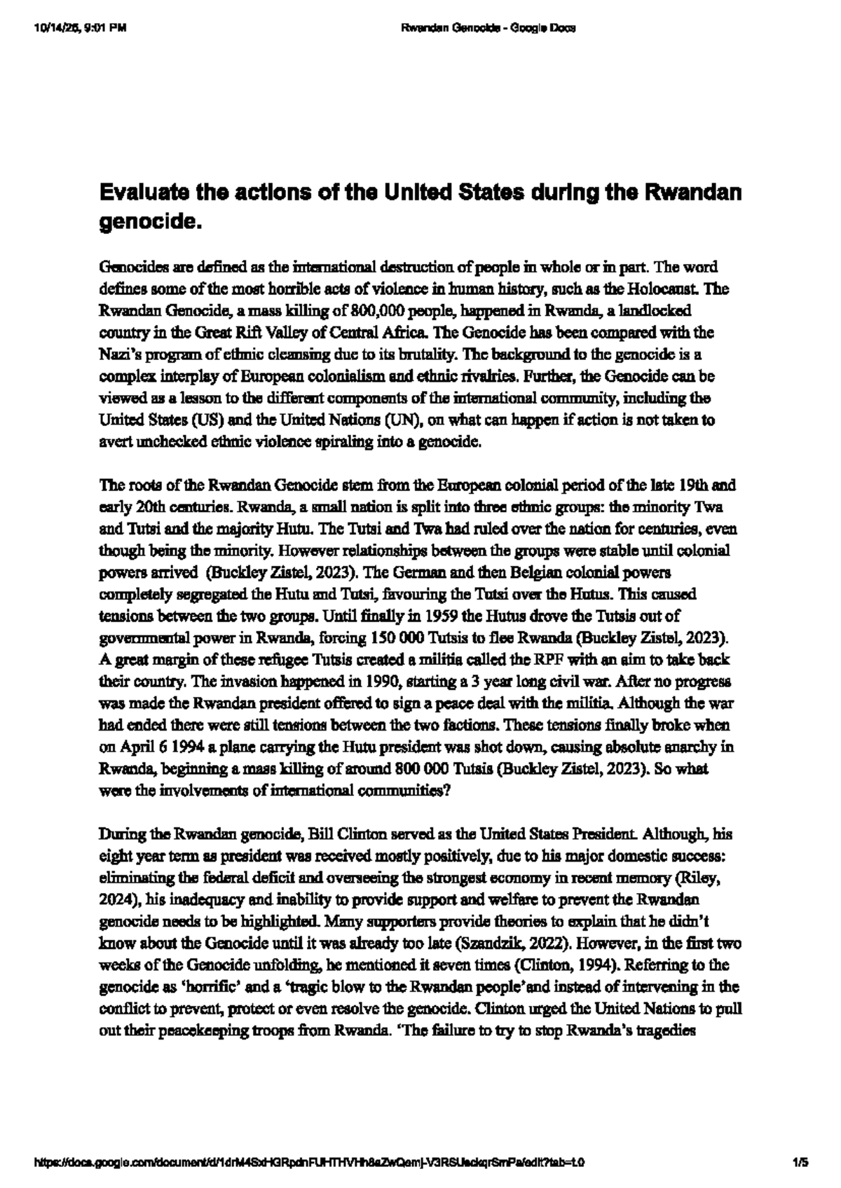 Rwandan Genocide: US Inaction and International Response - Yr 10 ...