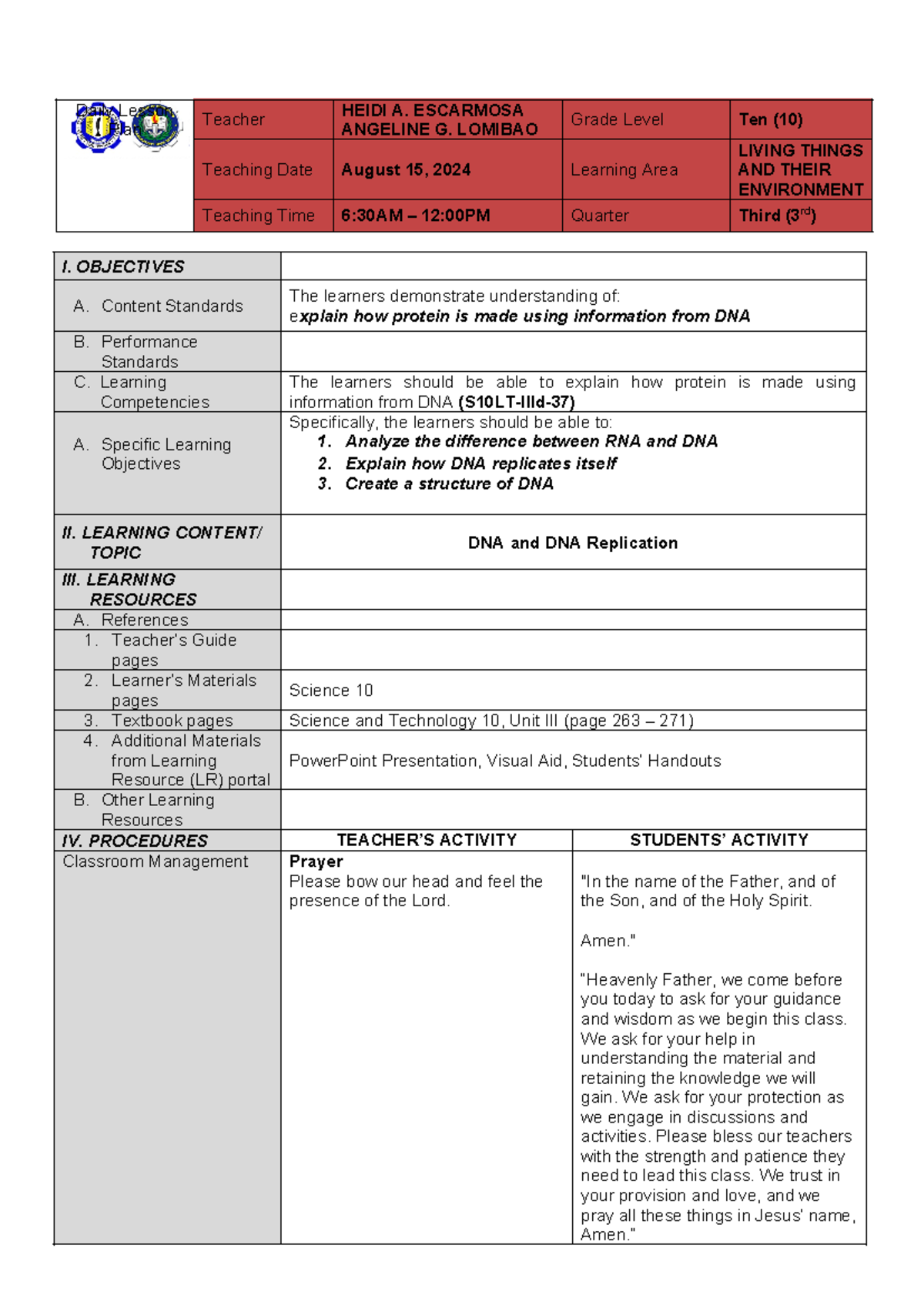 G12 3rd Quarter Lesson Plan - DNA and Its Replication Process - Studocu