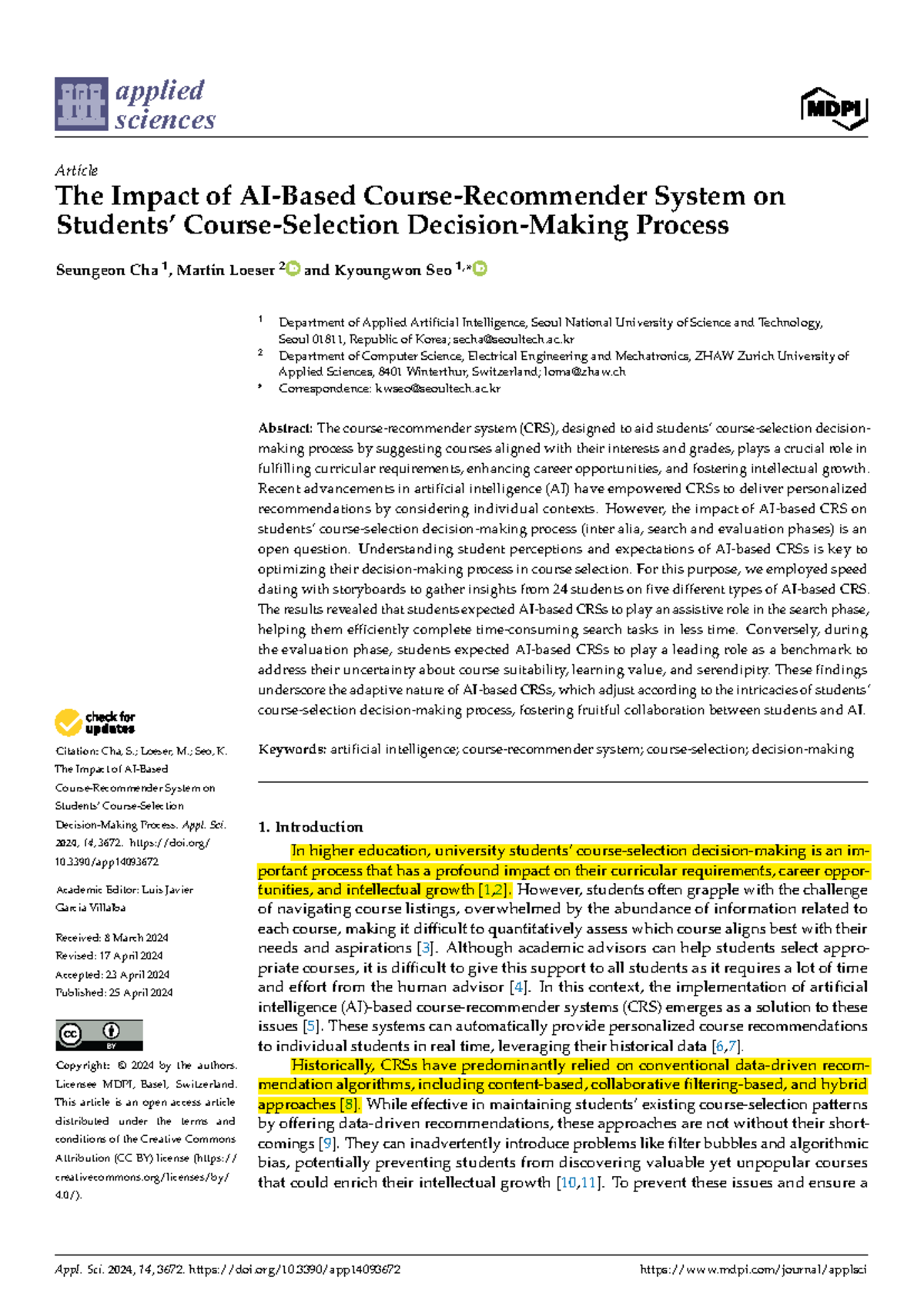 Applsci-14-03672-v2 - AI-Based Course Recommender Systems Impact on ...