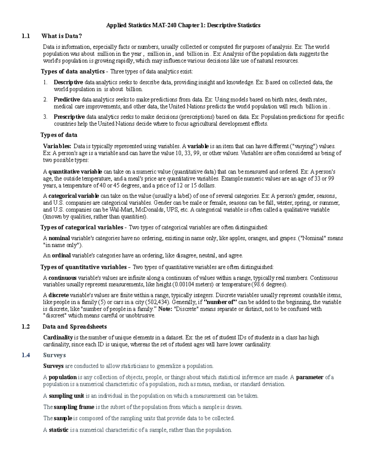 MAT240 Notes - Applied Statistics MAT-240 Chapter 1: Descriptive ...