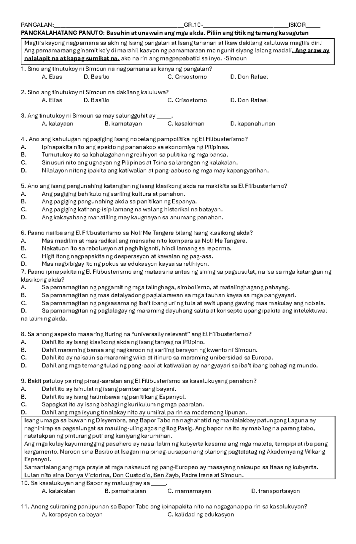 Lagumang Pagsusulit SA EL FILI 2025 - - Studocu