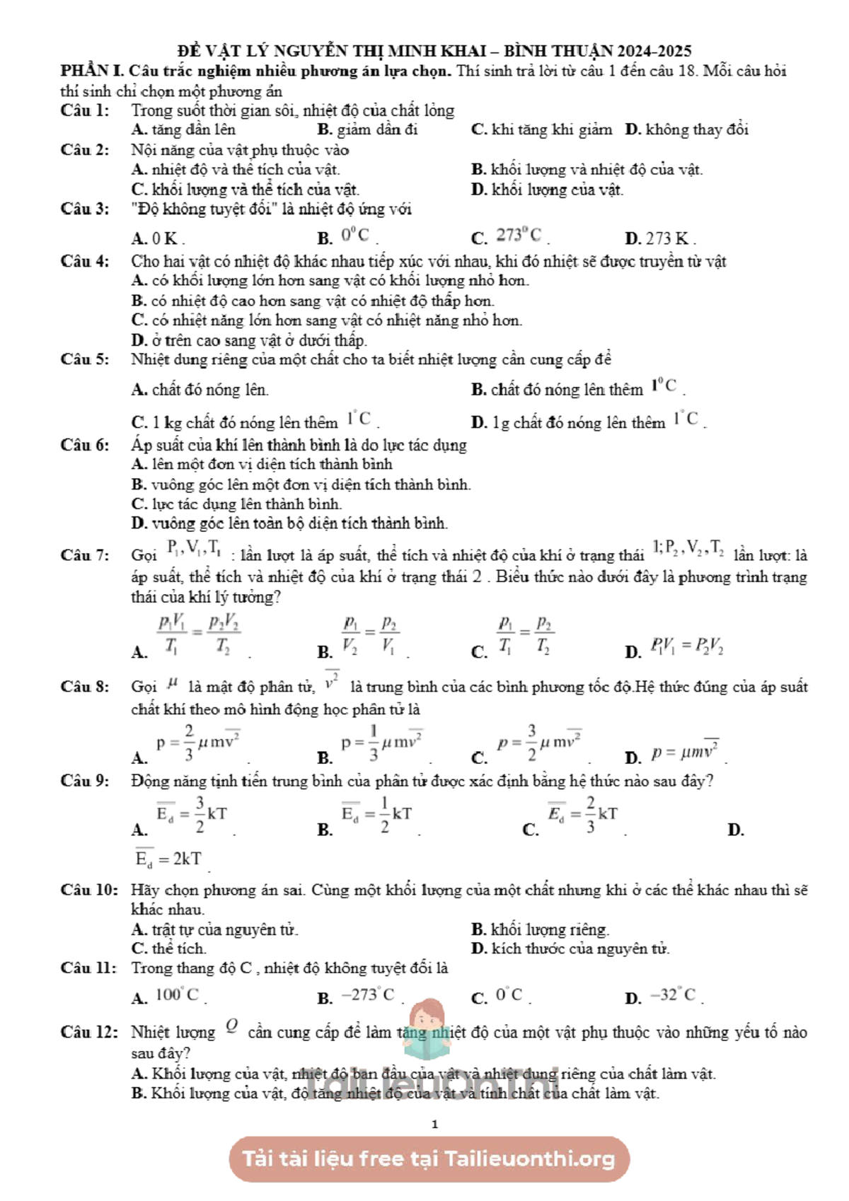 Đề thi thử tốt nghiệp THPT 2025 môn Vật Lí - THPT Nguyễn Thị Minh Khai ...