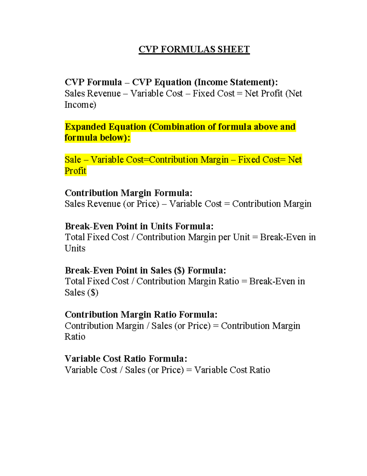 CVP Formula Sheet - CVP FORMULAS SHEET CVP Formula – CVP Equation ...