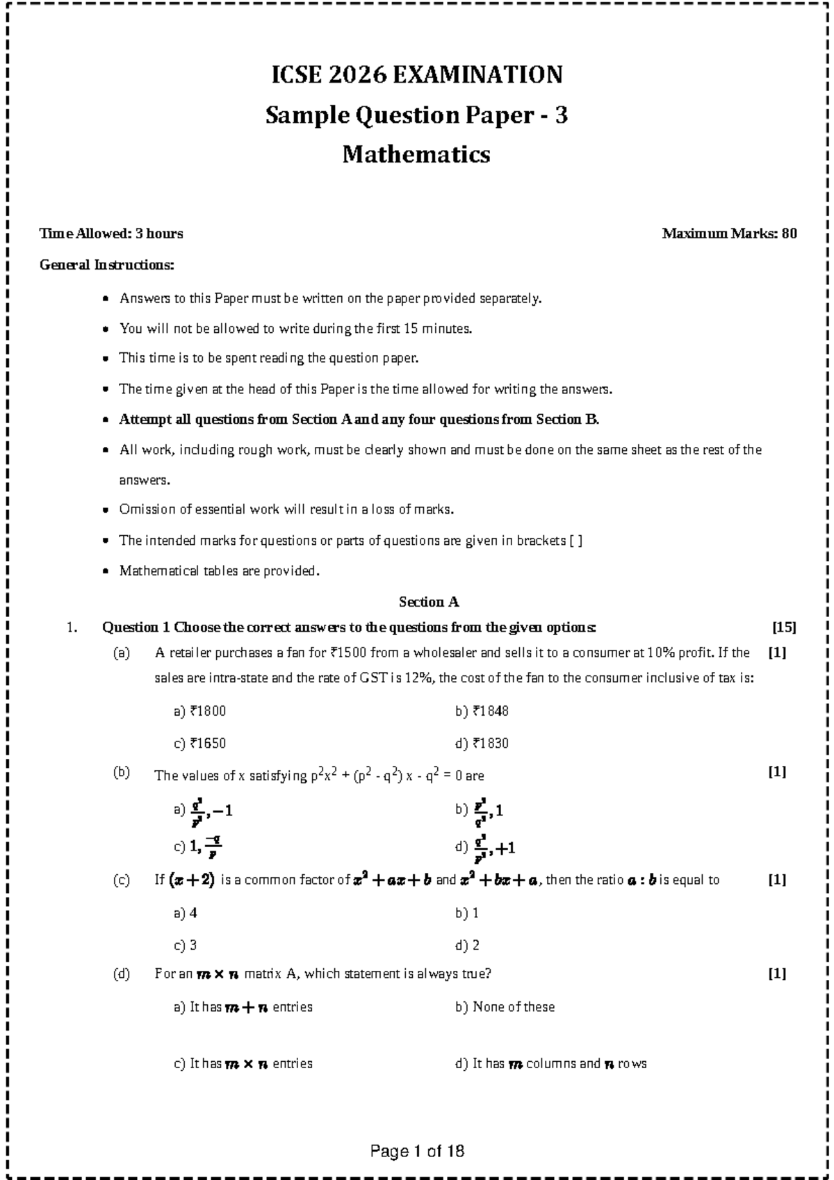 ICSE 2026 EXAMINATION Sample Question Paper 3 - Mathematics - Studocu