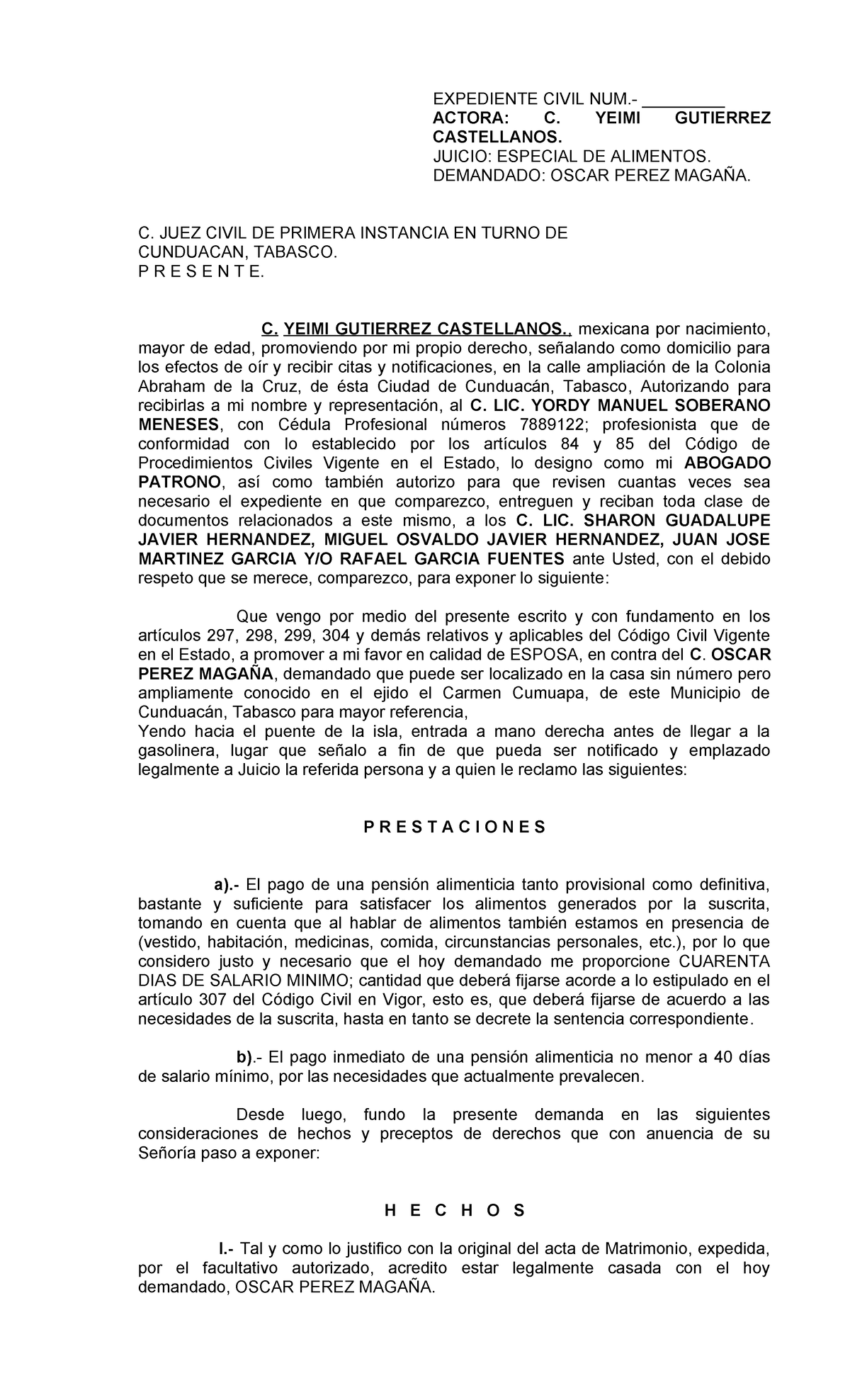 Demanda de Alimentos: C. Yeimi Gutiérrez vs. Oscar Pérez Magaña - Studocu