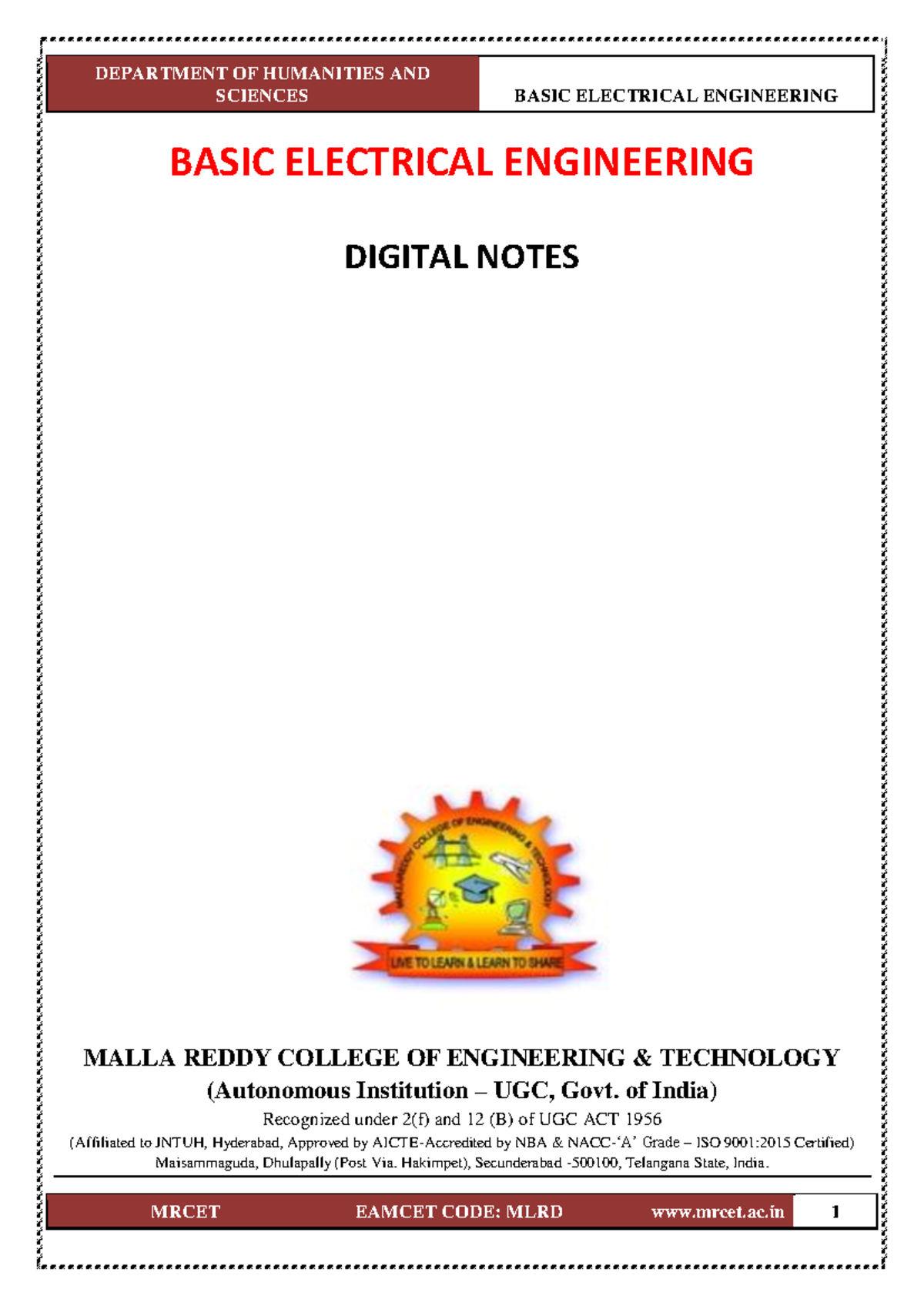 Basic Electrical Engineering Notes (R-20) - Digital Handbook - Studocu