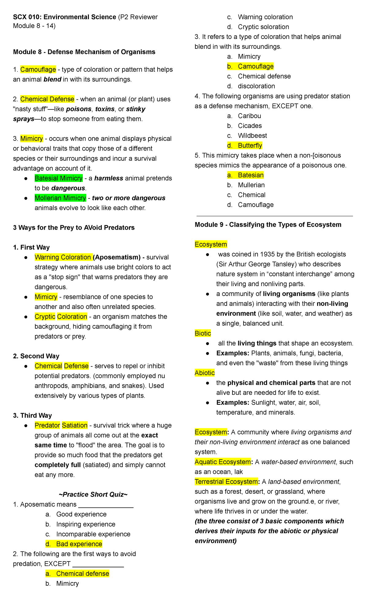 SCX 010: Environmental Science P2 Comprehensive Reviewer on Ecosystems ...