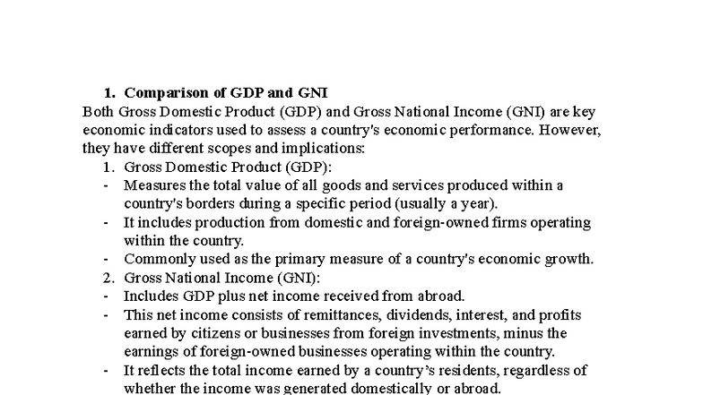 Comparison of GDP and GNI: Key Economic Indicators Analysis - Studocu