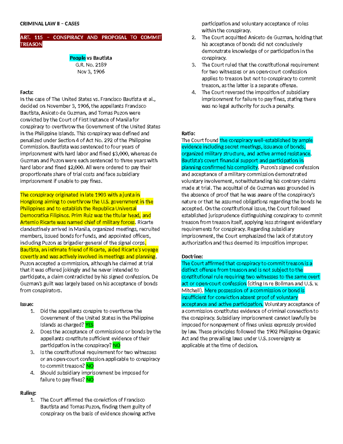 CRIMINAL LAW II: Case Study on Conspiracy & Treason (Art. 115) - Studocu