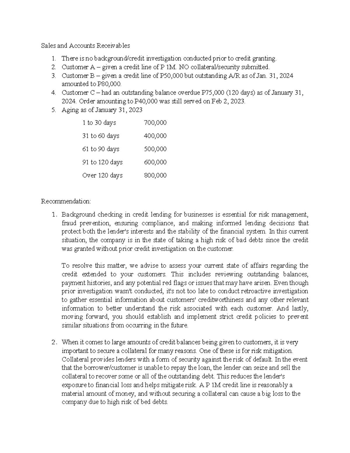 Draft ar - Examples of Audit Recommendations for Accounts Receivable ...