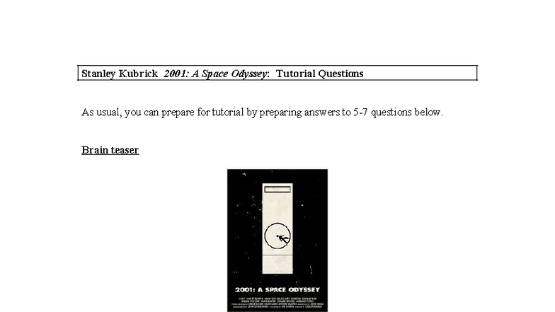 2001: A Space Odyssey (ENG 101) - Tutorial Questions & Analysis - Studocu