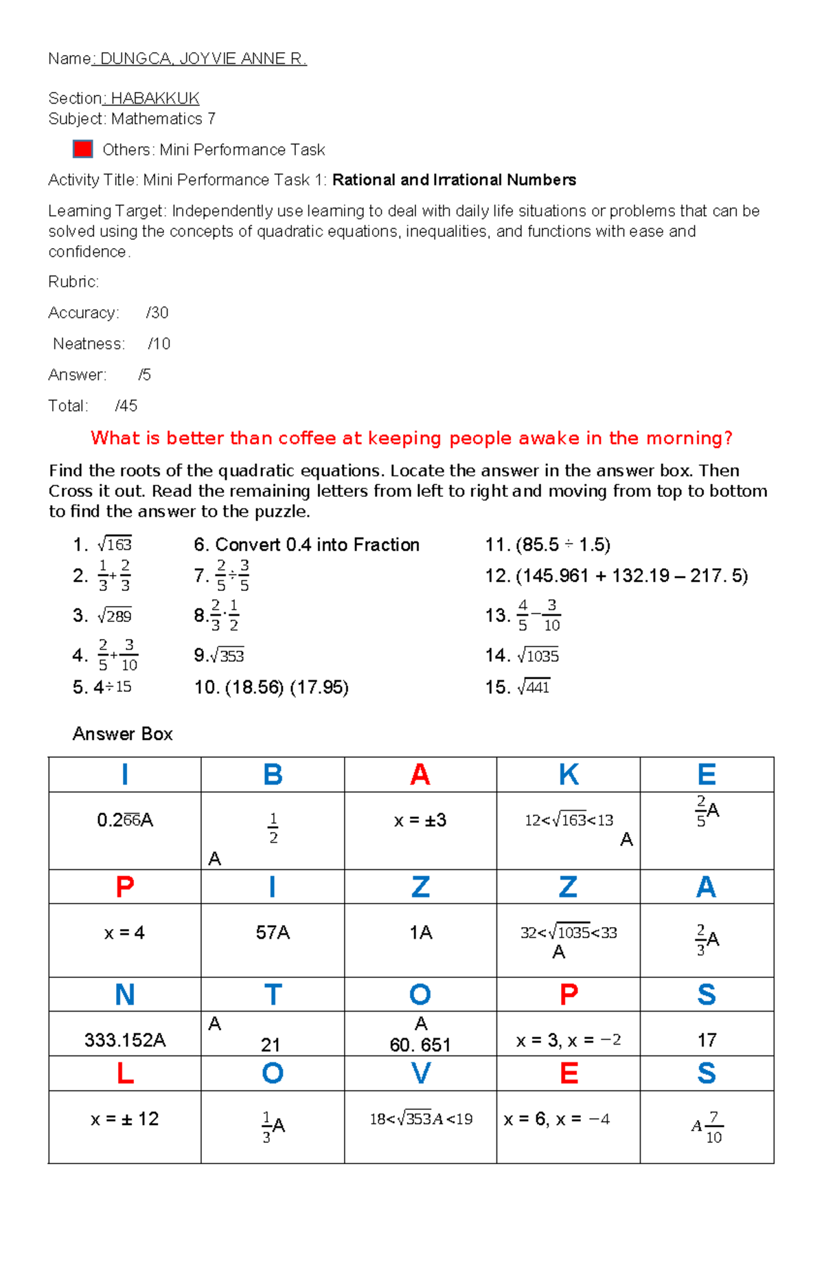 MATH 7: Mini Performance Task on Rational and Irrational Numbers - Studocu