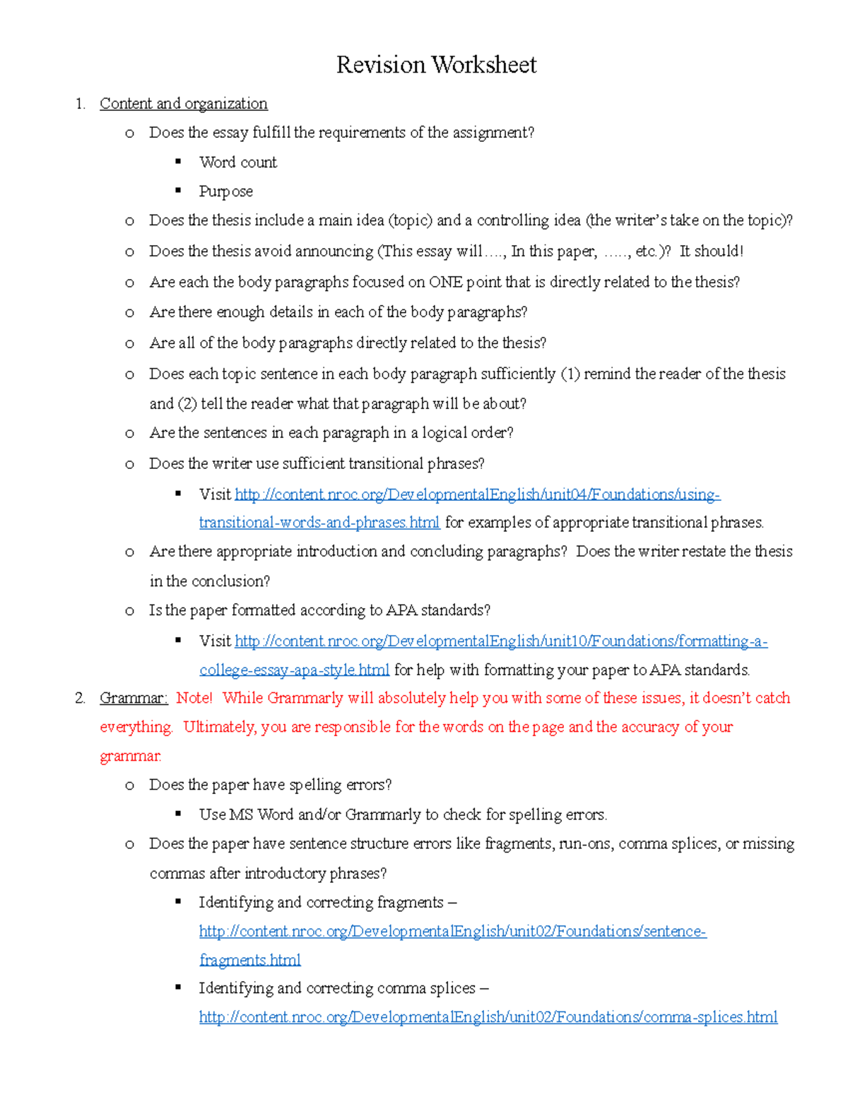 Unit 6 Revision Worksheet: Essay Structure, Grammar, & Style Guidelines ...