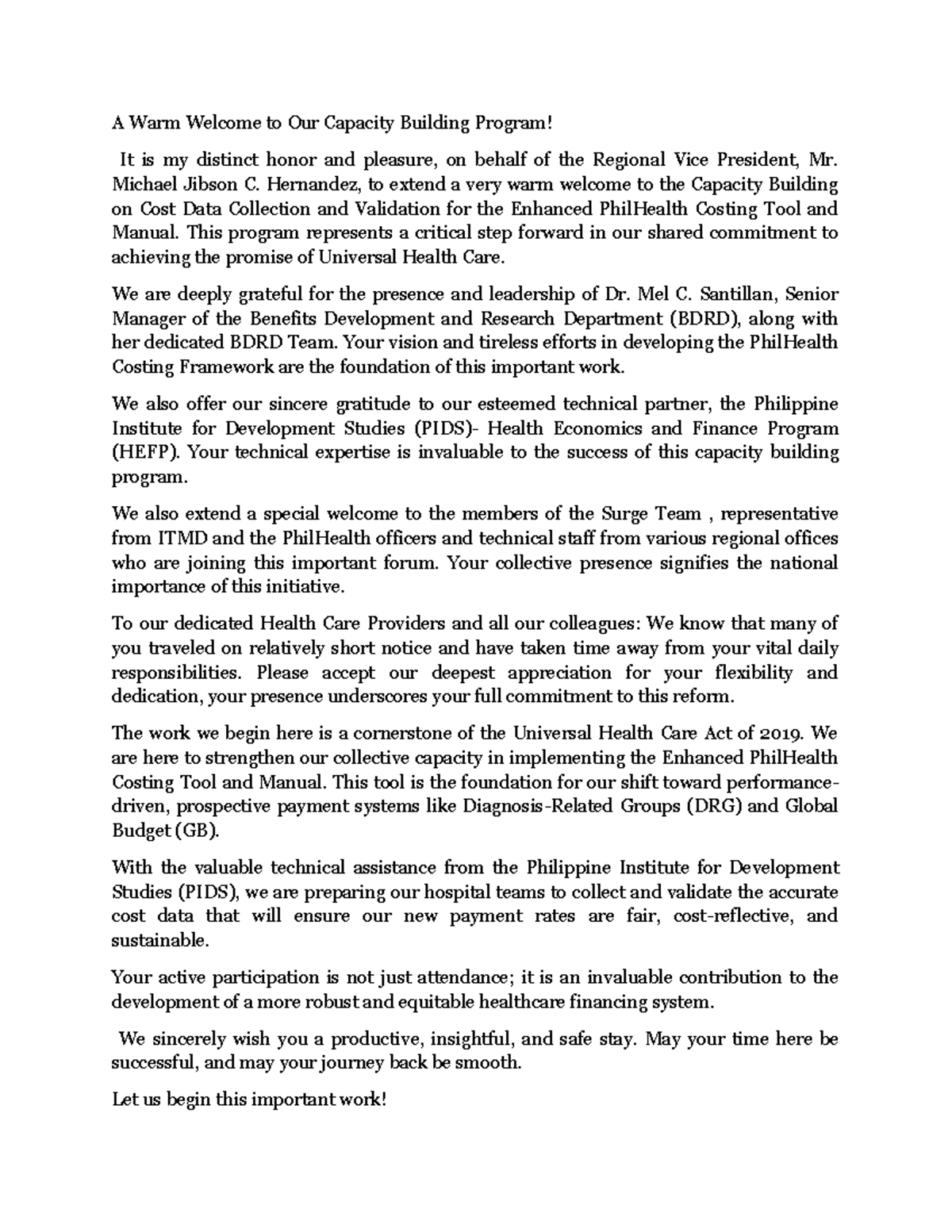 Welcome Address for Capacity Building on Cost Data Collection - Studocu