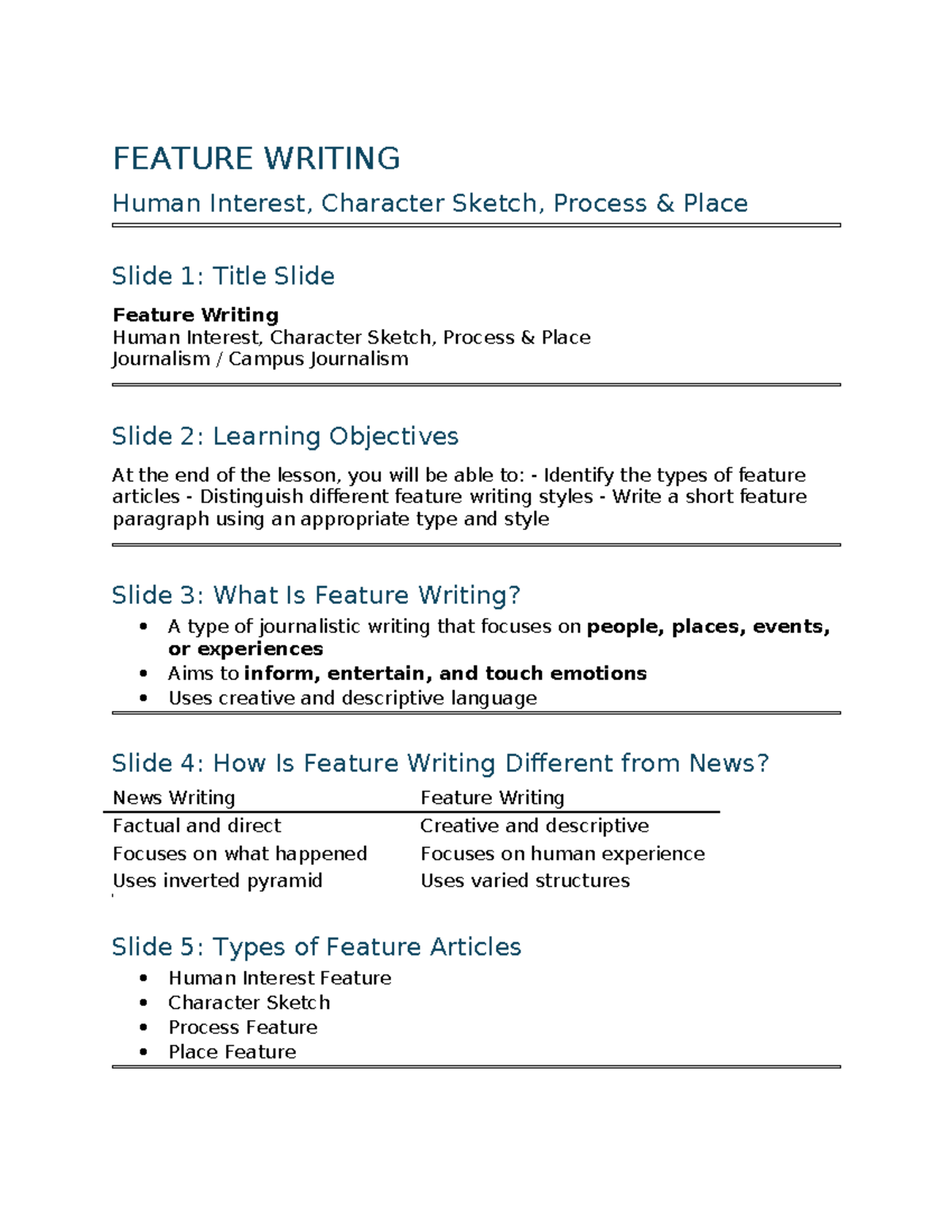 Feature Writing: Human Interest, Character Sketch, and More (Matatag ...