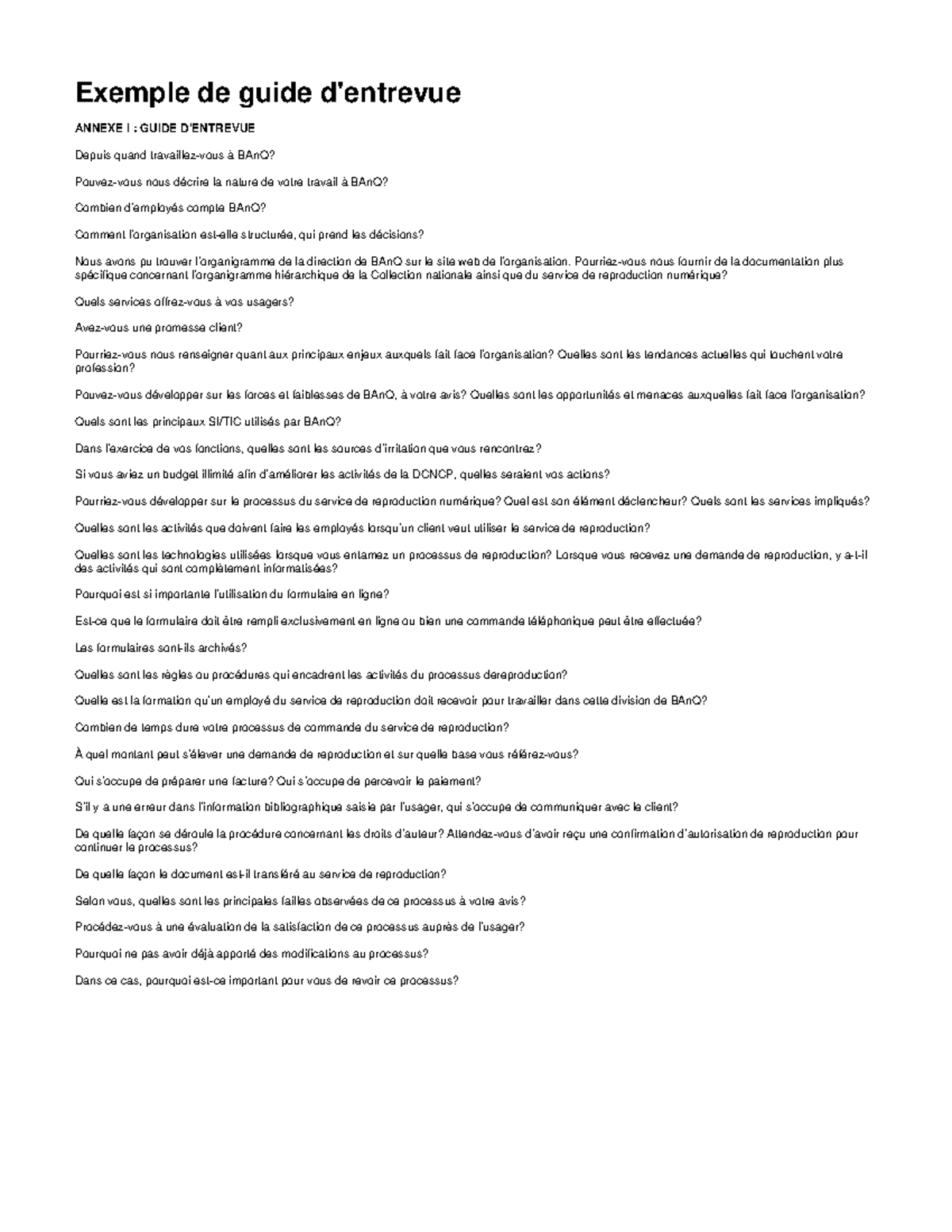 Exemple de guide d'entrevue - Exemple de guide d'entrevue ANNEXE I ...