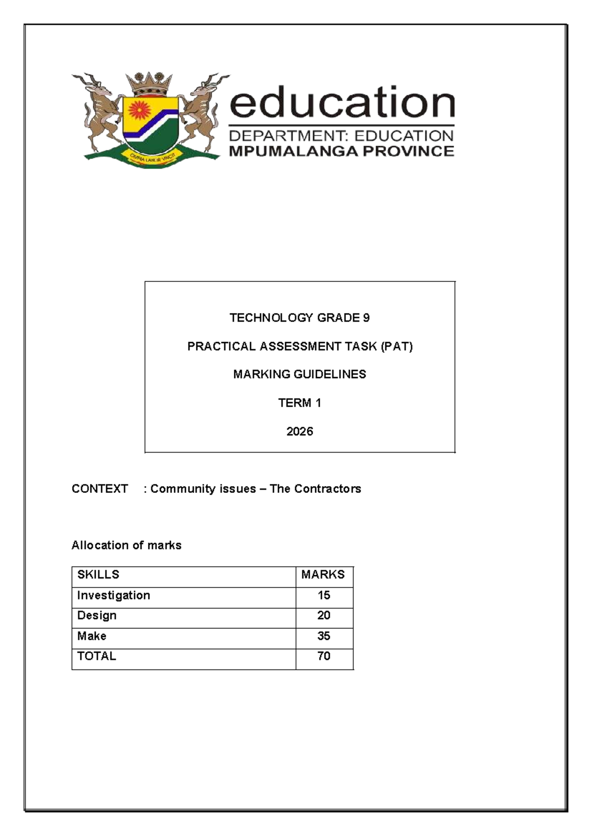 Marking Guidelines for Technology Grade 9 PAT Term 1 2026 - Studocu