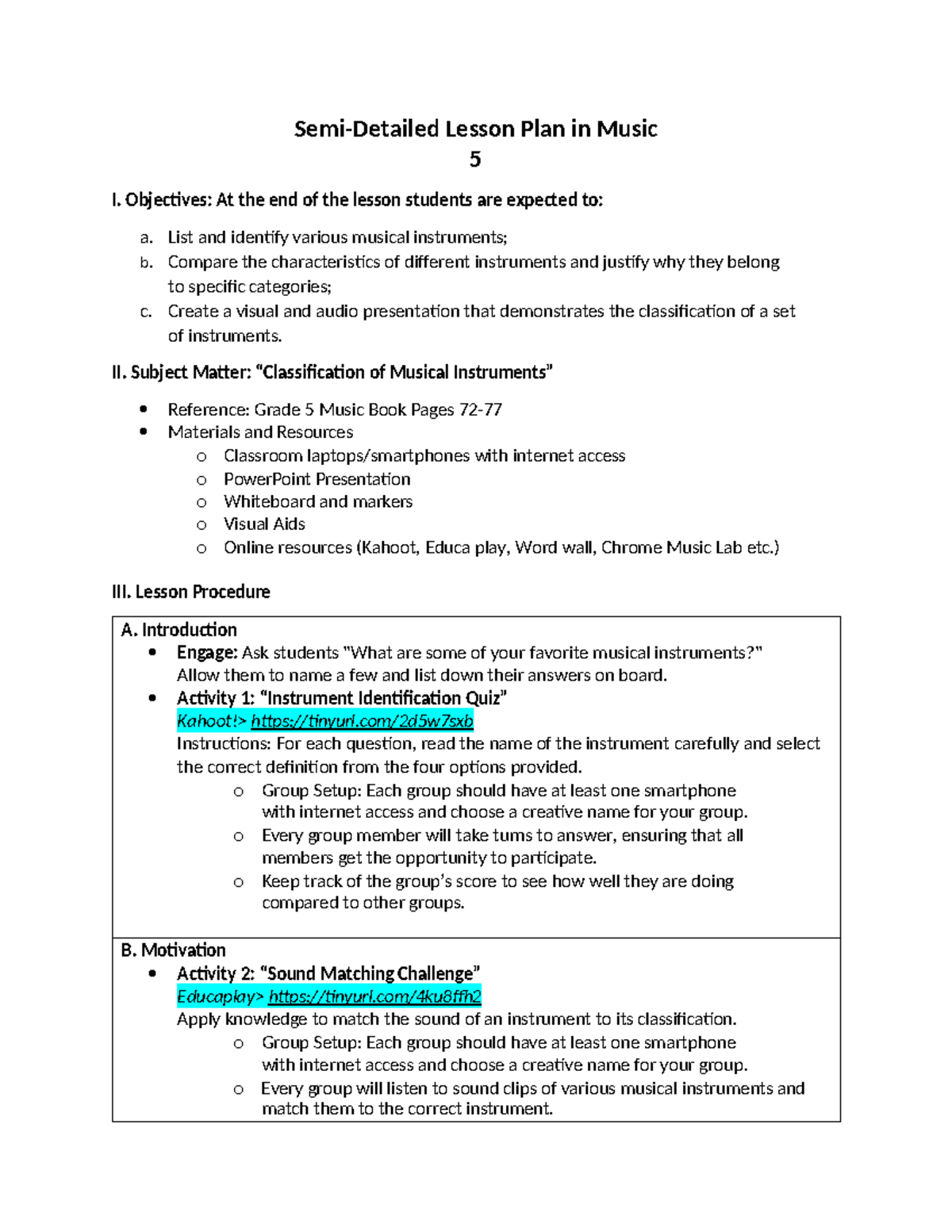 Lesson Plan in Music 5: Instrument Classification Activities - Studocu