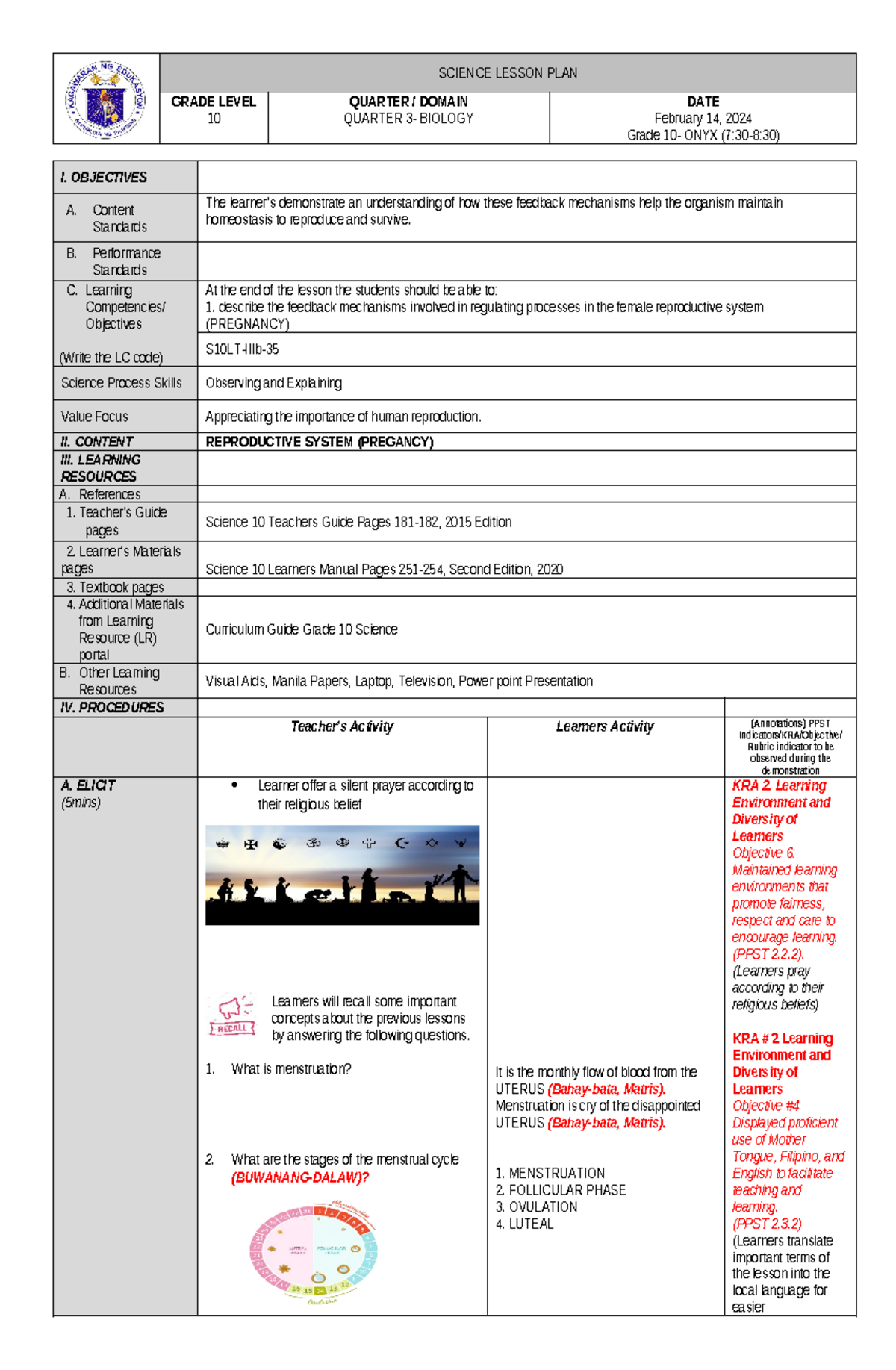 COT DLP Science 10 - Lesson Plan on Pregnancy & Reproductive System ...