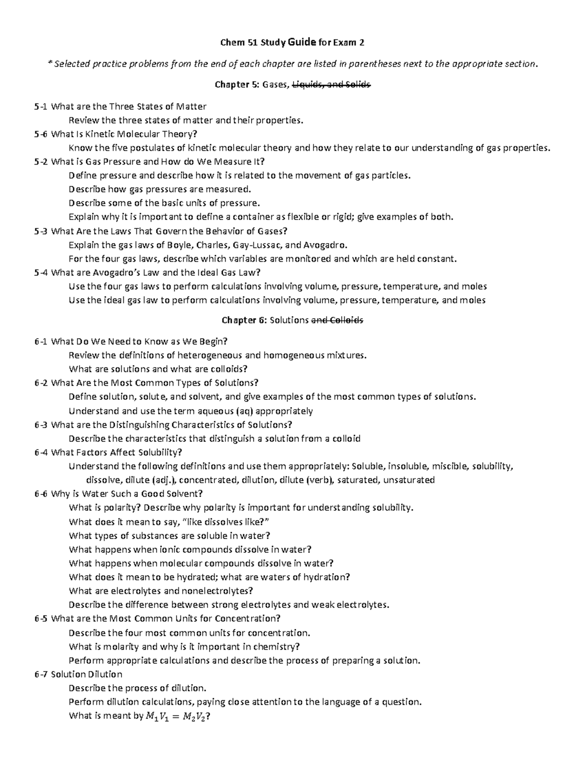 Chem 51 Study Guide for Exam 2: Gases, Solutions & Reaction Rates - Studocu