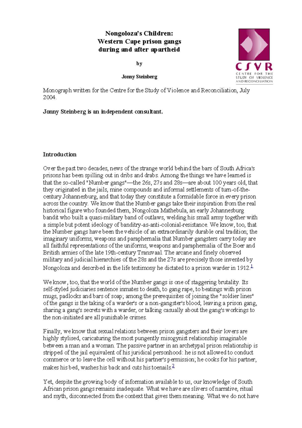 Nongoloza's Children: The History and Impact of Number Gangs - Studocu