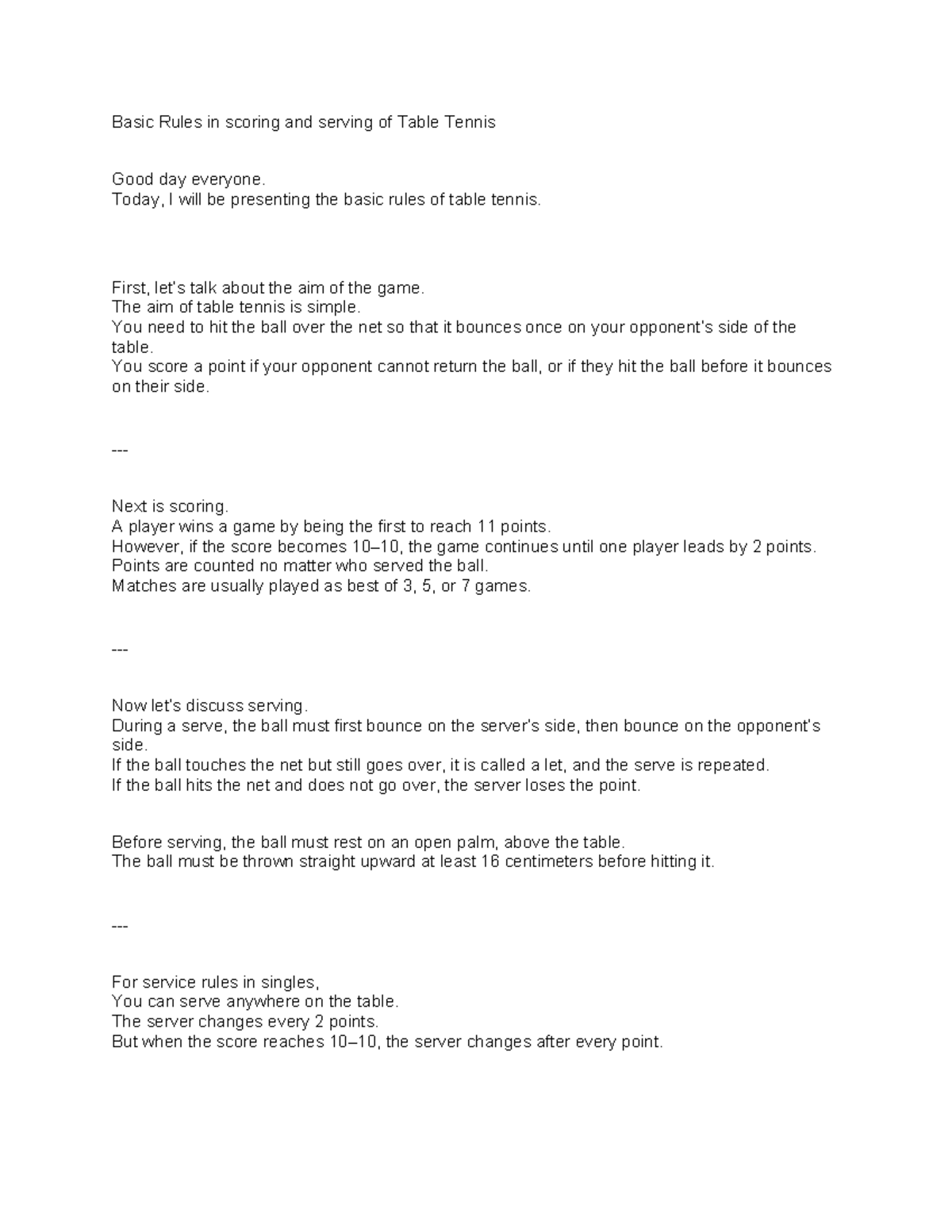 Basic Rules of Scoring & Serving in Table Tennis (PE 101) - Studocu
