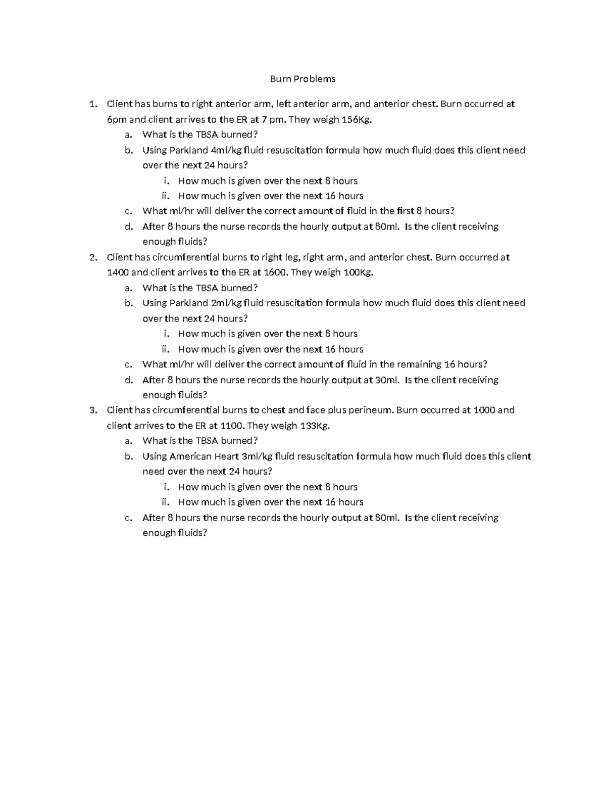 Practice Burn Problems: Fluid Resuscitation & TBSA Calculations - Studocu