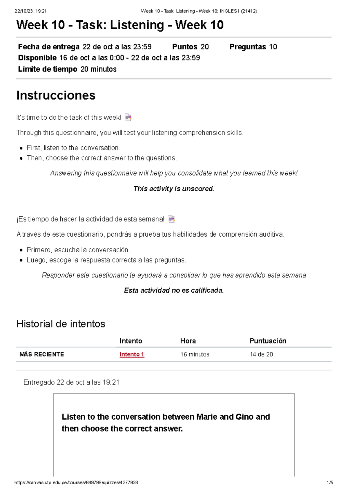 Week 10 Listening Task - Inglés I (21412) - Activity Overview - Studocu
