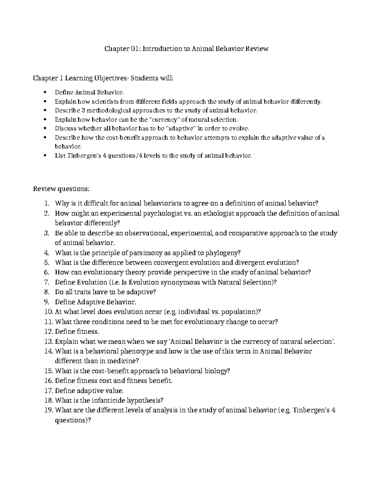 Chapter 01: Animal Behavior Review - Methodologies & Evolutionary ...