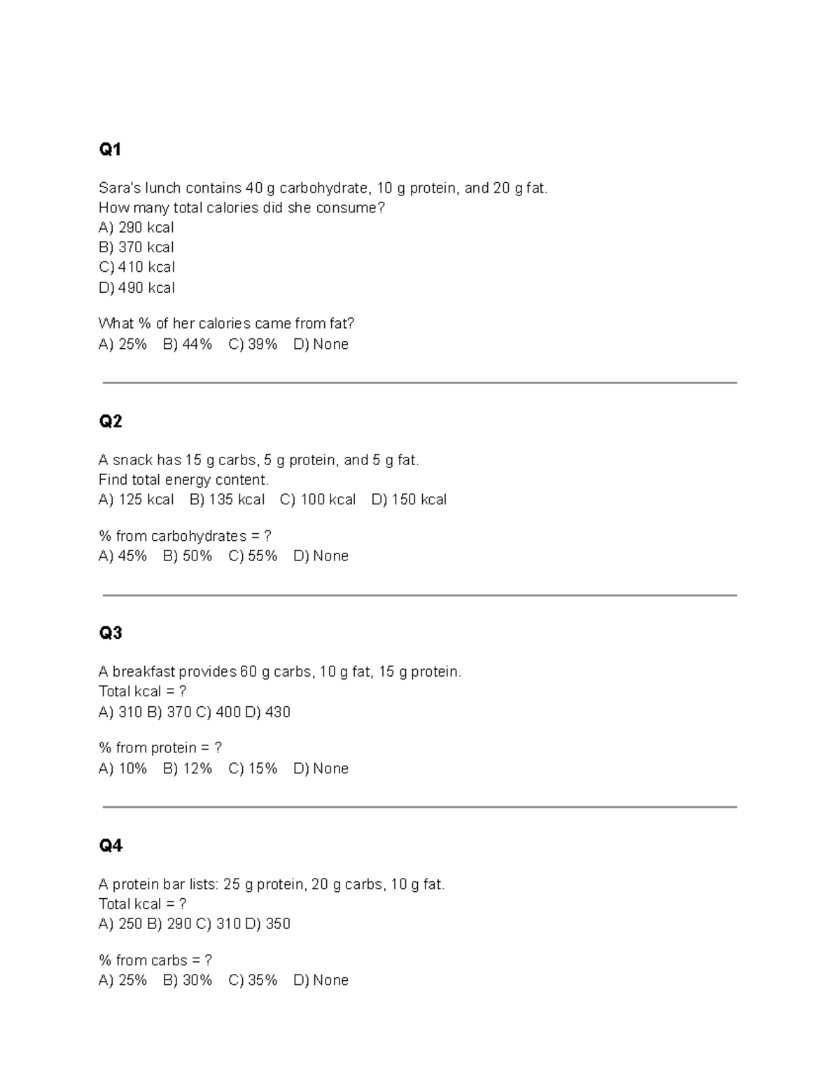 Nutrition Quiz Q1-Q10: Caloric Values & Macronutrient Breakdown - Studocu
