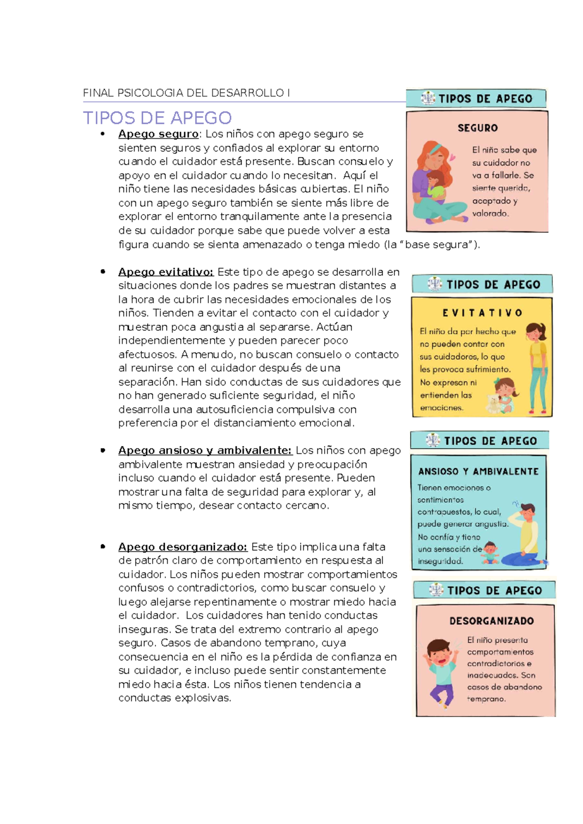 FINAL PSICOLOGÍA DEL DESARROLLO I: TIPOS DE APEGO Y TEORÍAS - Studocu