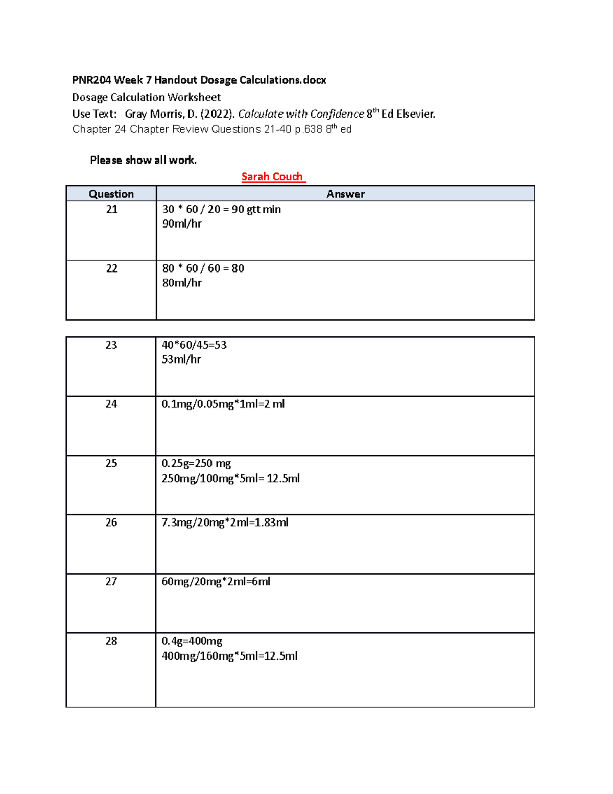 PNR204 Week 7 Dosage Calculations Worksheet - 8th Ed Review Questions ...