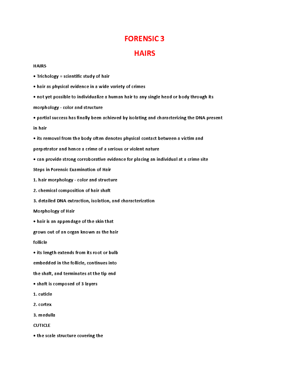 Forensic 3: Comprehensive Overview of Human Hair Evidence - Studocu