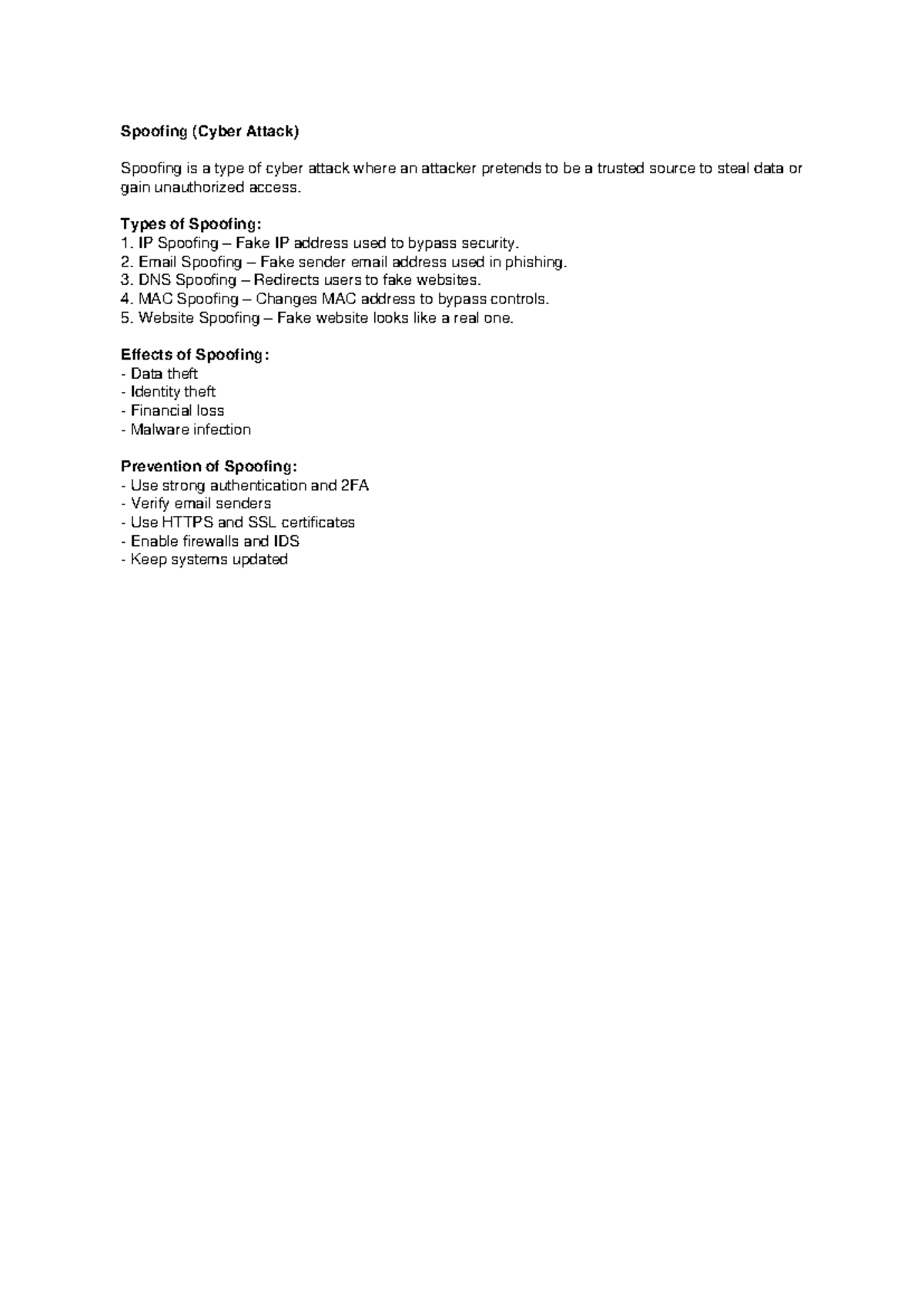Spoofing Cyber Attack Notes: Types, Effects, and Prevention - Studocu