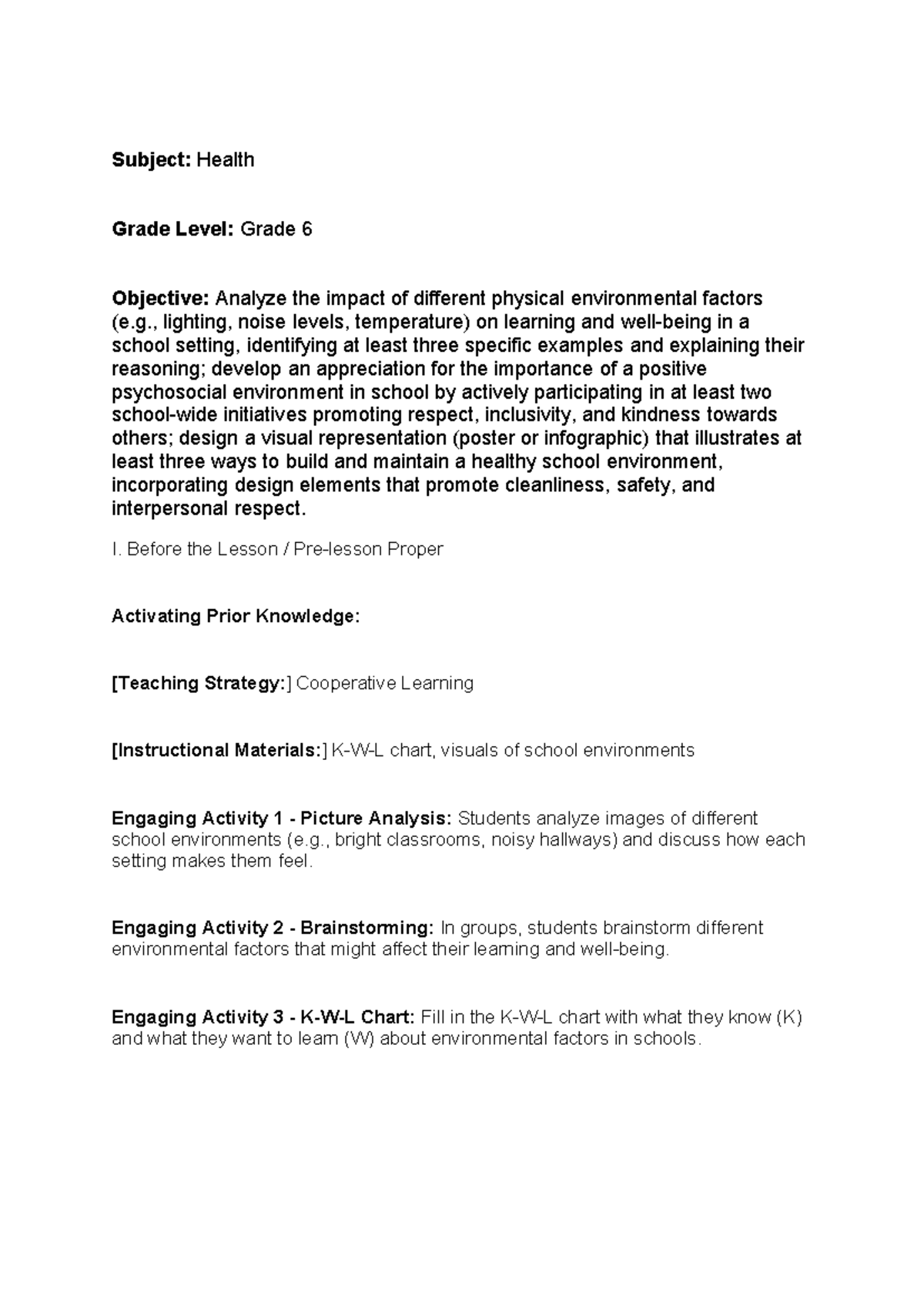 Grade 6 Health Lesson Plan: Analyzing Impact of Environmental Factors ...