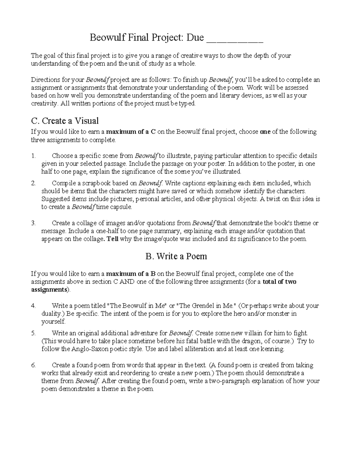 Beowulf Final Project: Creative Assignments Overview - Studeersnel