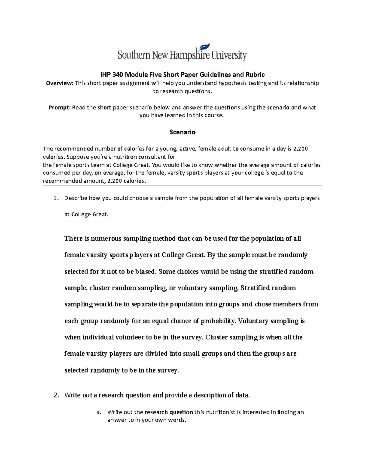 IHP 340 Module Five Short Paper: Hypothesis Testing on Caloric Intake ...