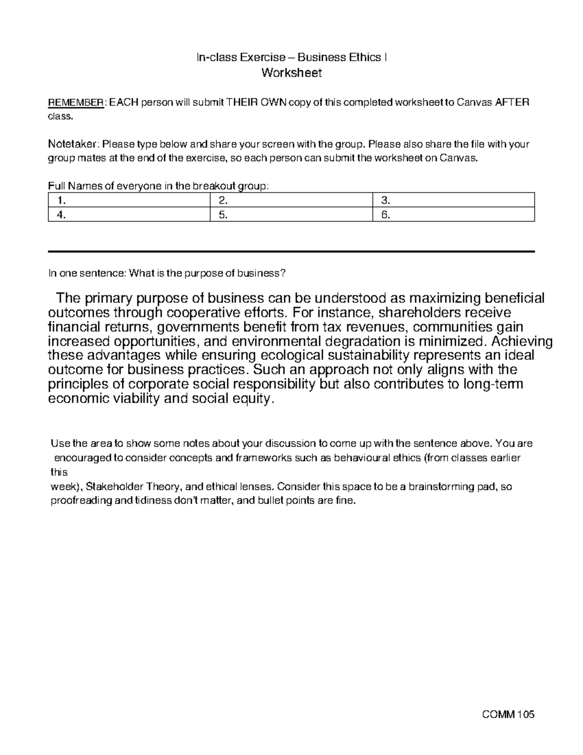 C105+-+Business+Ethics+1+-+Worksheet - COMM 105 In-class Exercise ...